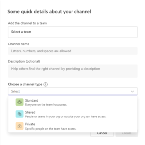 How to create a Standard, Private, or Shared channel in Teams