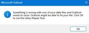Something is wrong with your data files and Outlook needs to close