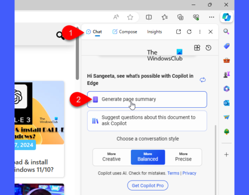 Use Copilot to get answers from particular websites