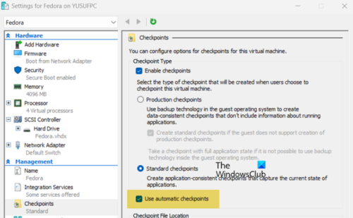 Enable, create, rename, delete, restore Checkpoints in Hyper-V