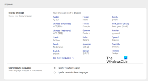 Change Location, Display language, Search result language Copilot