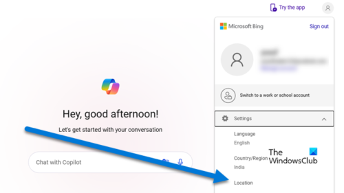 Change Location, Display language, Search result language Copilot