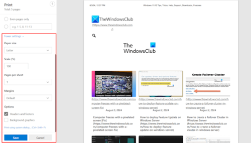 How to change Print Page setup in Microsoft Edge