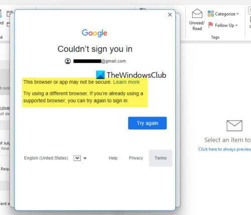 Cannot add Gmail to Outlook: Browser or app may not be secure