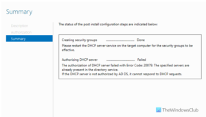 The authorization of DHCP server failed with Error Code 20079