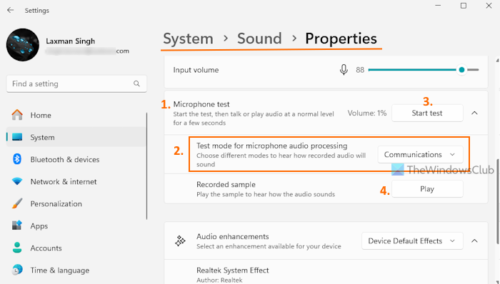 How to test Microphone Audio Processing Modes in Windows 11