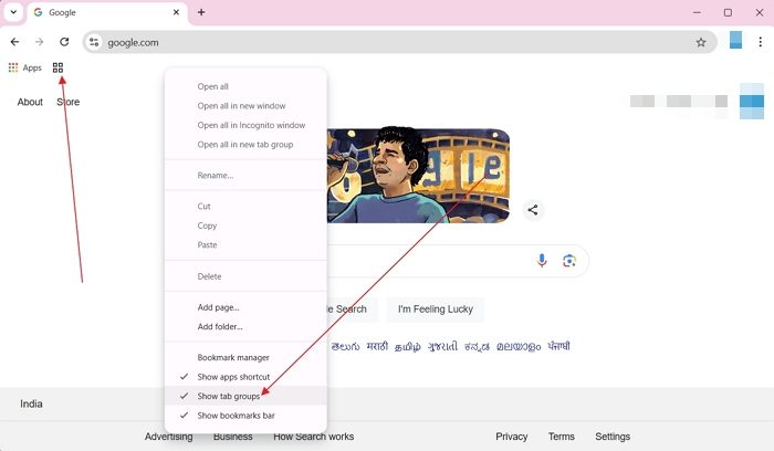 Show or hide Tab Groups Icon in Chrome bookmarks bar Show or hide Tab Groups Icon in Chrome bookmarks bar