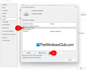 Outlook freezing when searching emails or contacts