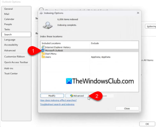 Outlook freezing when searching emails or contacts