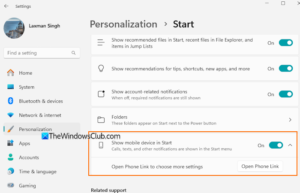 Hide or Show Phone Link Sidebar on Start Menu in Windows 11