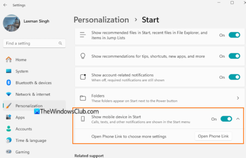 Hide Or Show Phone Link Sidebar On Start Menu In Windows 11