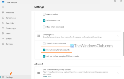 Show Resource usage app history for all Accounts in Task Manager