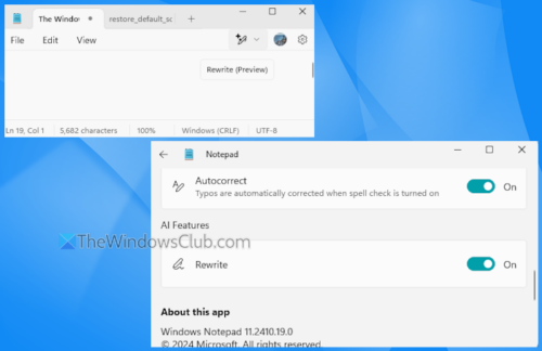Enable and use Write or Rewrite AI in Notepad on Windows 11