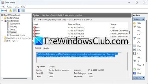 Printer Extensions and Notifications service is marked as an ...