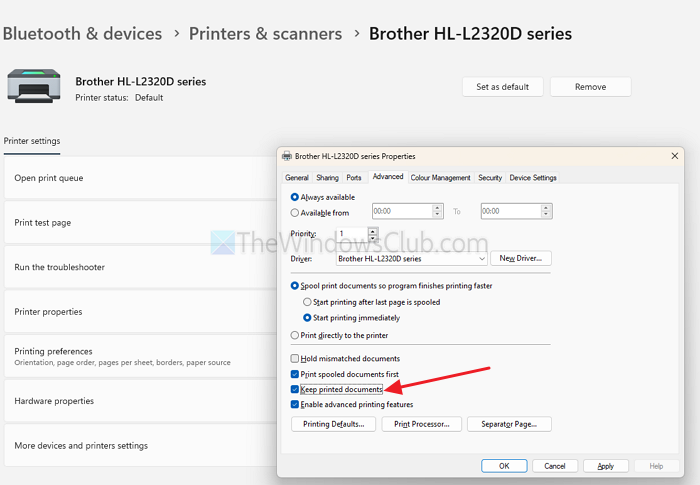 Enable Keep printed documents in Print queue on Windows 11