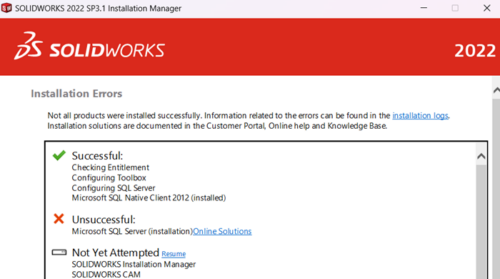 Microsoft SQL Server failed to install SolidWorks