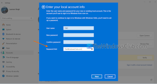 Password Hint not showing in Windows 11