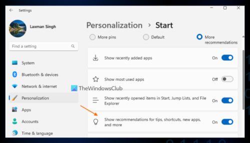 Turn off Show recommendations for tips, shortcuts, apps in Windows 11