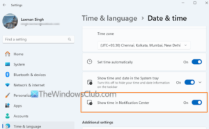 How to display Time in Notification Center of Windows 11