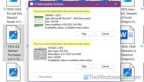 The source and destination file names are the same in OneDrive