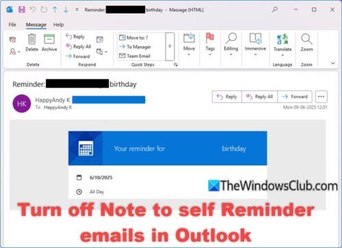 Turn off Note to self Reminder emails in Outlook