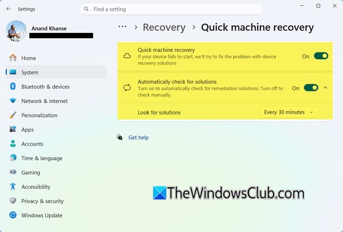 How to configure Quick Machine Recovery Settings in Windows 11