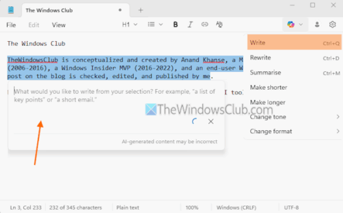 Enable and use Write or Rewrite AI in Notepad on Windows 11