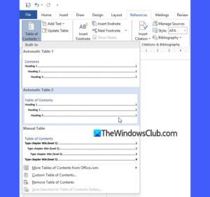 Create Table of Contents with or without page numbers in Word