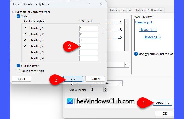 Create Table of Contents with or without page numbers in Word