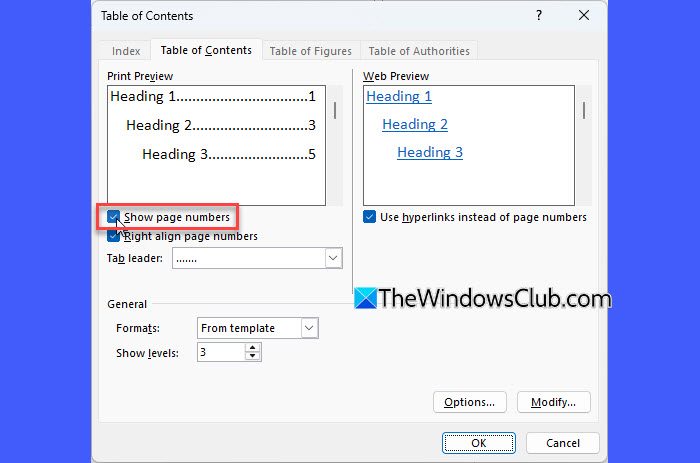 Create Table of Contents with or without page numbers in Word