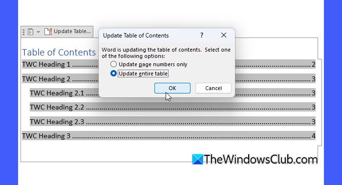 Create Table of Contents with or without page numbers in Word