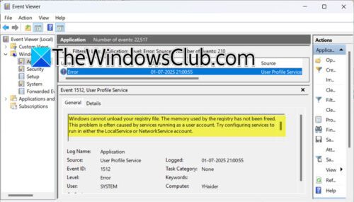 Windows cannot unload your registry file, Event ID 1512