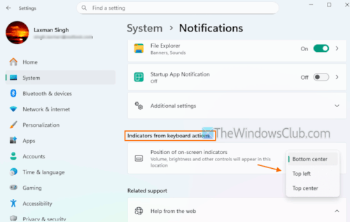 How to change position of On-screen Indicators in Windows 11