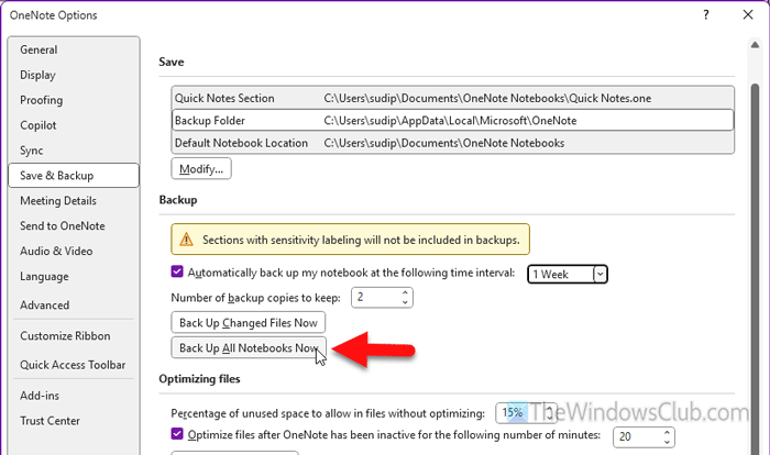 OneNote error: Unable to create backup