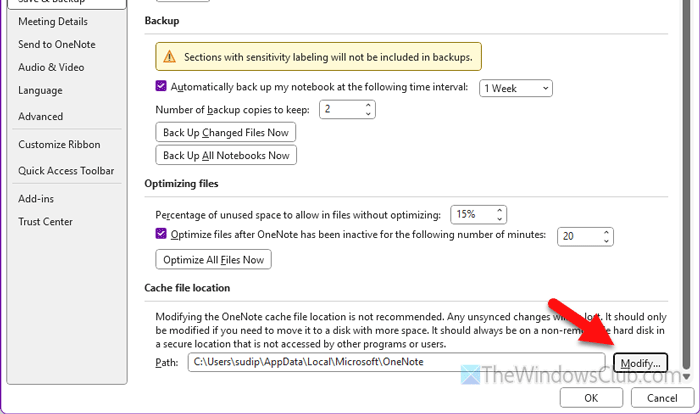 OneNote error: Unable to create backup