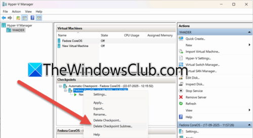 Enable, create, rename, delete, restore Checkpoints in Hyper-V
