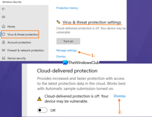 Cloud-delivered protection is off, Your device may be vulnerable