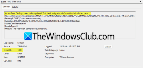 Event ID 1801, Secure Boot CA/keys need to be updated