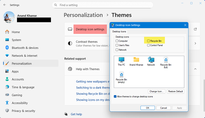 How to remove Recycle Bin from Desktop in Windows 11