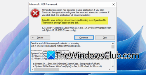 Microsoft .NET Framework Unhandled exception, Not enough disk space