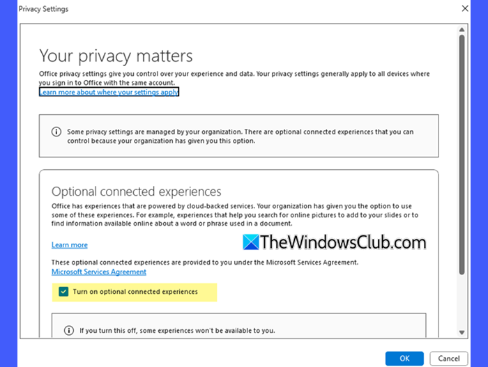 Restart Office to apply changes to privacy settings popping up