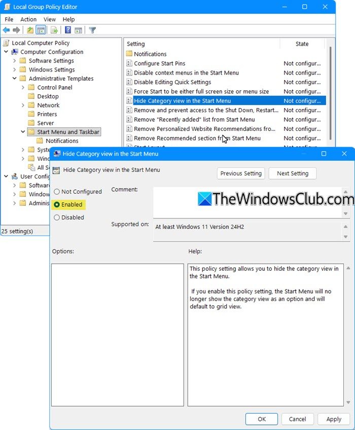 How to turn off Category in Start Menu of Windows 11