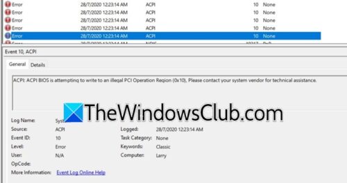 ACPI BIOS is attempting to write to an illegal PCI Operation Region