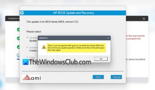 Not enough free disk space to complete the System BIOS and Device ...