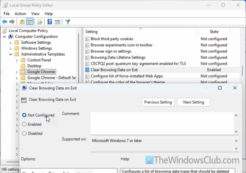 Clear cookies and site data when you quit Chrome missing